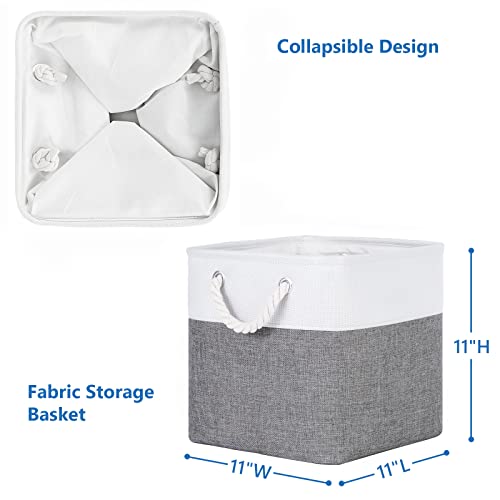 EvanColin Fabric Storage Cubes for Organizing, 11 inch Cube Storage Bin for Shelf, Home, Office, Canvas Storage Cube Bins with Rope Handles, Christmas Baskets for Gifts Empty(White&Grey,4-Pack)