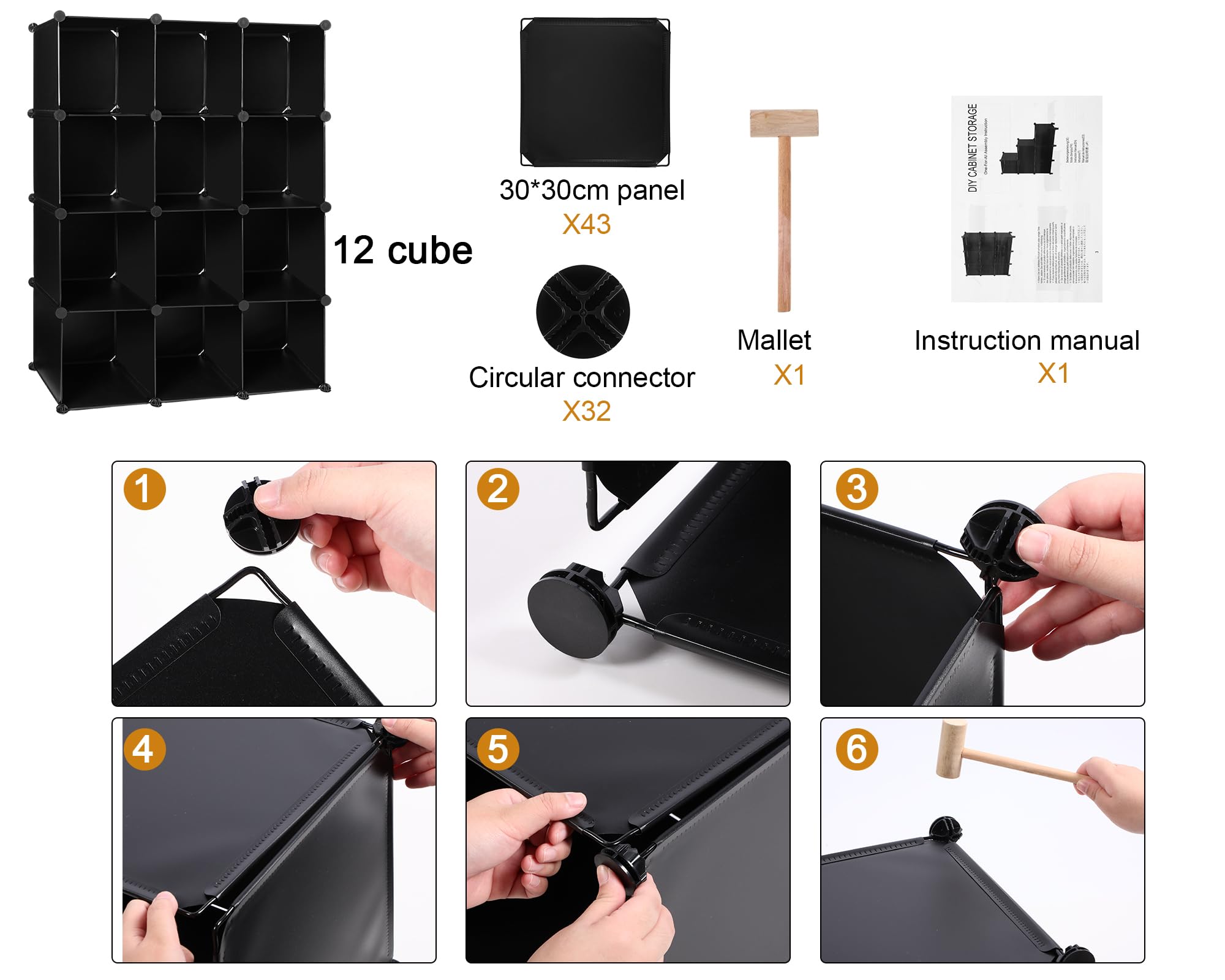 Roshtia 12 Cube Storage Organizer and 12 Collapsible Fabric Storage Cube Bins, Closet Organizer and Storage Shelf DIY Plastic Modular Bookcase Bookshelf Bedroom Garment Racks Home Office, Black, Gray
