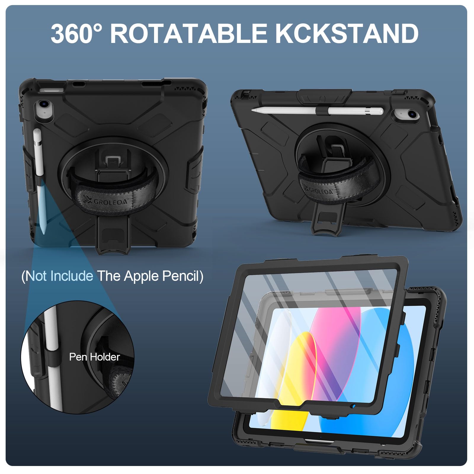 GROLEOA Rugged Case for iPad 10th Generation 2022: Military Grade Shockproof Protective Cover for iPad 10th Gen 10.9 Inch with Screen Protector-360° Rotatable Stand- Hand/Shoulder Strap, Rainbow Pink