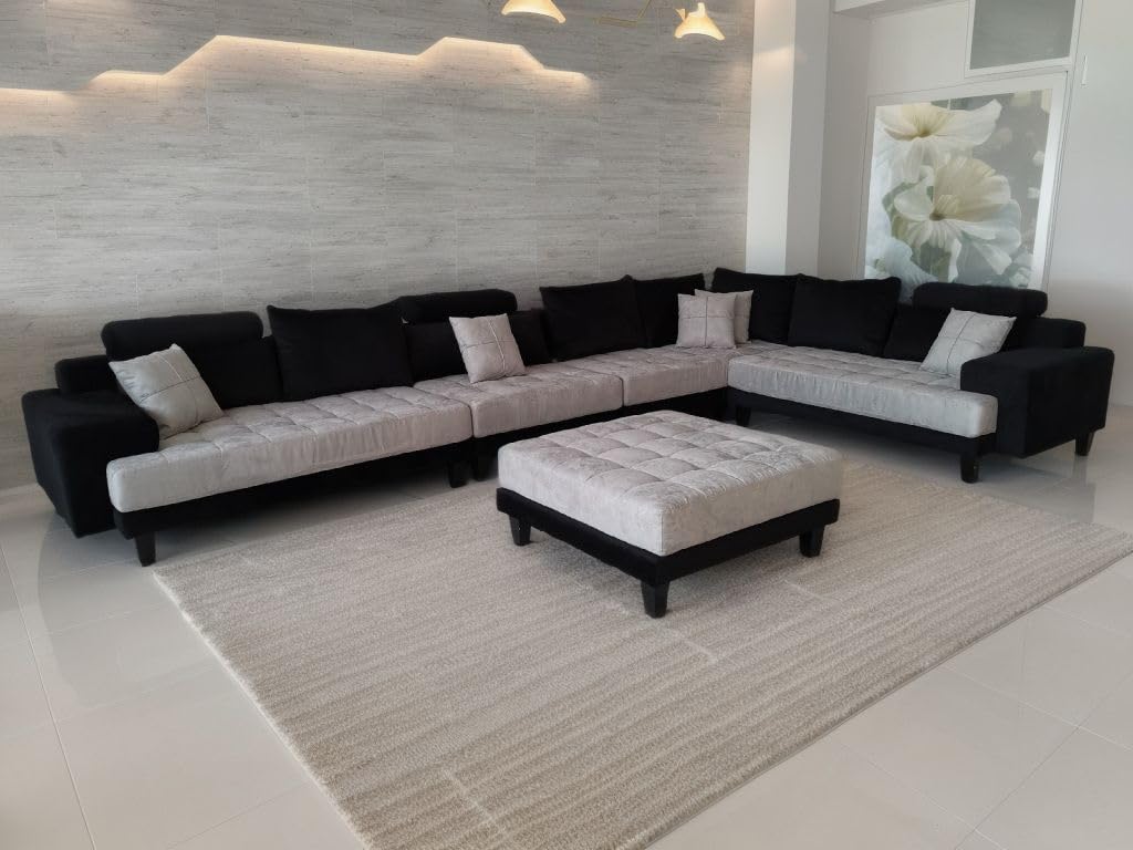 Stendmar L Shape U Shape Reversible Modern Microfiber Fabric Sectional Couch Sofa Set S150D (S150DBK-Black, 142-182" L x 110-150" D x 35" H)