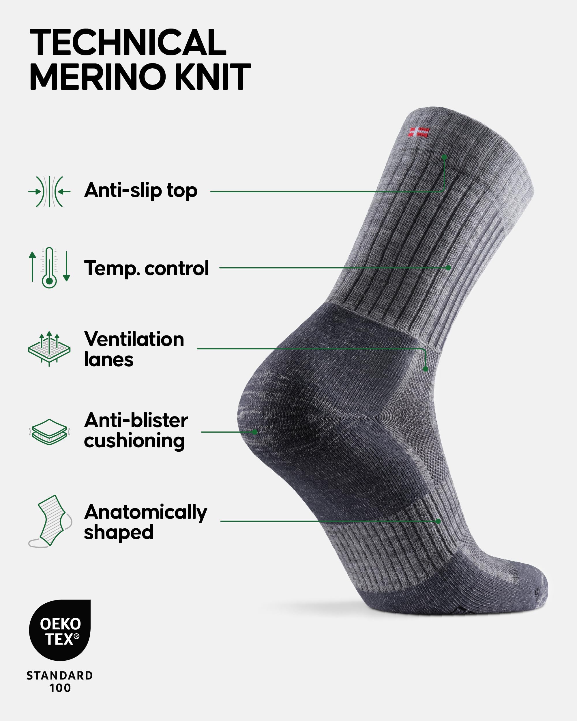 DANISH ENURANCE Premium Outdoor Hiking Socks, Merino Wool, Men & Women, 2 Pack, Light Grey, Large