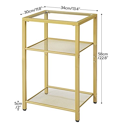 HOOBRO Side Table, 3-Tier Slim Nightstand with Storage Shelves, Modern End Table, Tempered Glass Bedside Table, for Living Room, Bedroom, Gold GD77BZ01