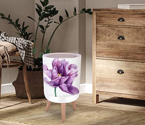 Round Trash Can with Lid Lilac Flower an Isolated White Watercolor Illustrations Purple Tulips Press Top Recycle Bin Small Garbage Can Dog Proof Wastebasket Wooden Legs Bathroom Kitchen 7L/1.8 Gallon