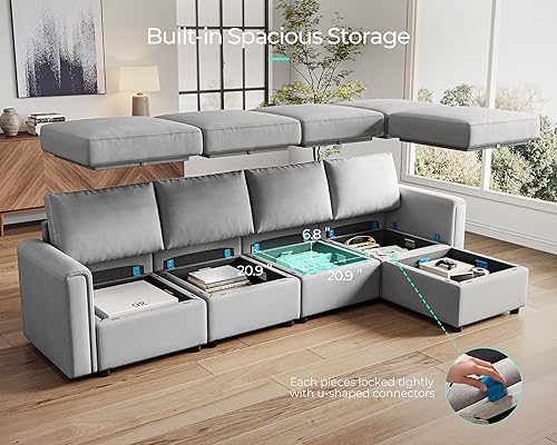 LINSY HOME Modular Sectional Sofa, Convertible L Shaped Sofa Couch with Storage, Memory Foam, Modular Sectionals with Ottomans, 5 Seat Sofa Couch with Chaise for Living Room, Grey