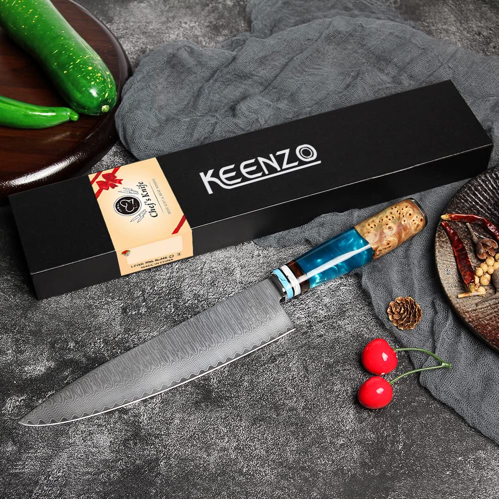 KEENZO Damascus Chef Knife 8 inch, Professional Kitchen Knives set, Sharp High Carbon Stainless Steel Cooking Knife, Ergonomic Blue Resin & Natural Wood Handle with Gift Box for Home & Restaurant