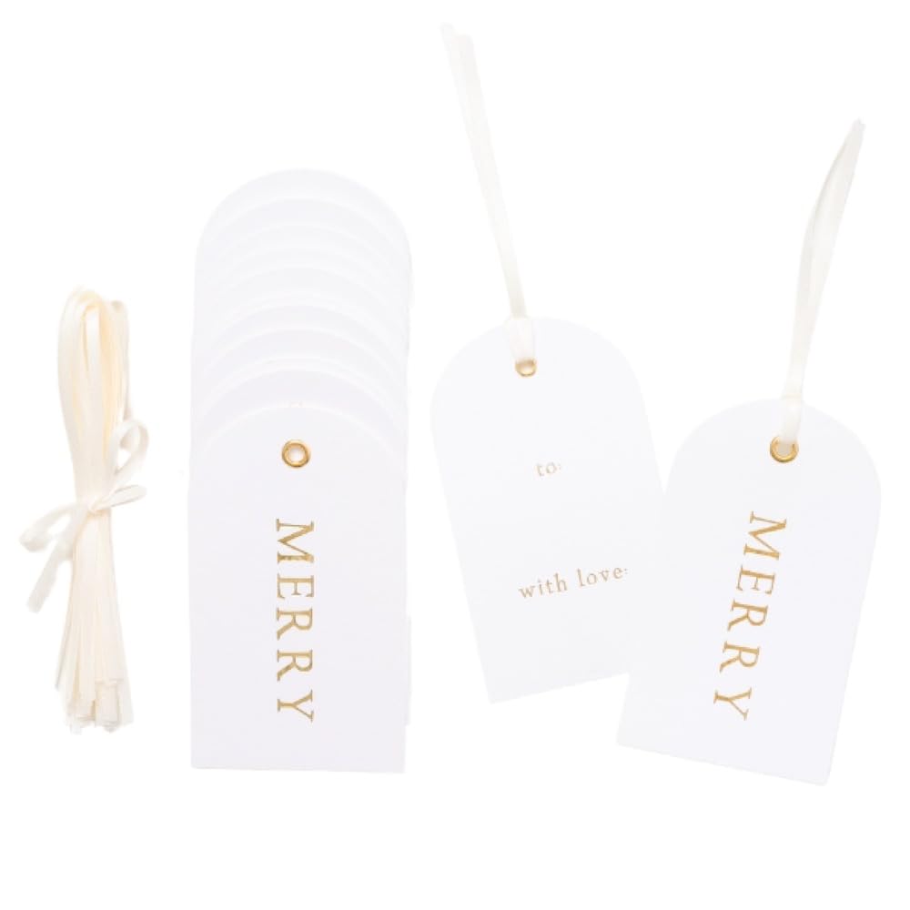Merry Market Christmas Holiday Letterpress Gift Tags, Gold Foil, Merry, to and with Love, Set of 25 Paper Tags with Satin Ribbon