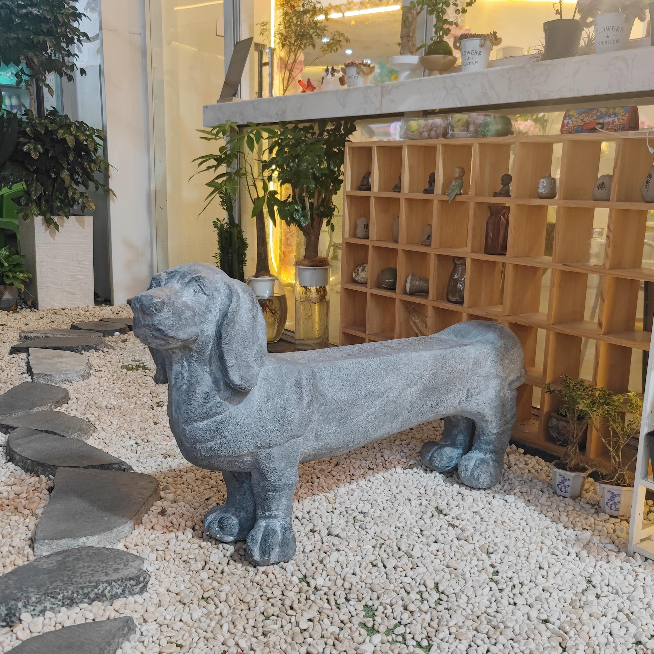 OUTOUR Dog Statues Outdoor 46.2’’L Outdoor Statues MGO Large Dachshund Statue Bench for Home Decor Patio Backyard Yard Lawn Large Garden Statues Sculpture, Grey