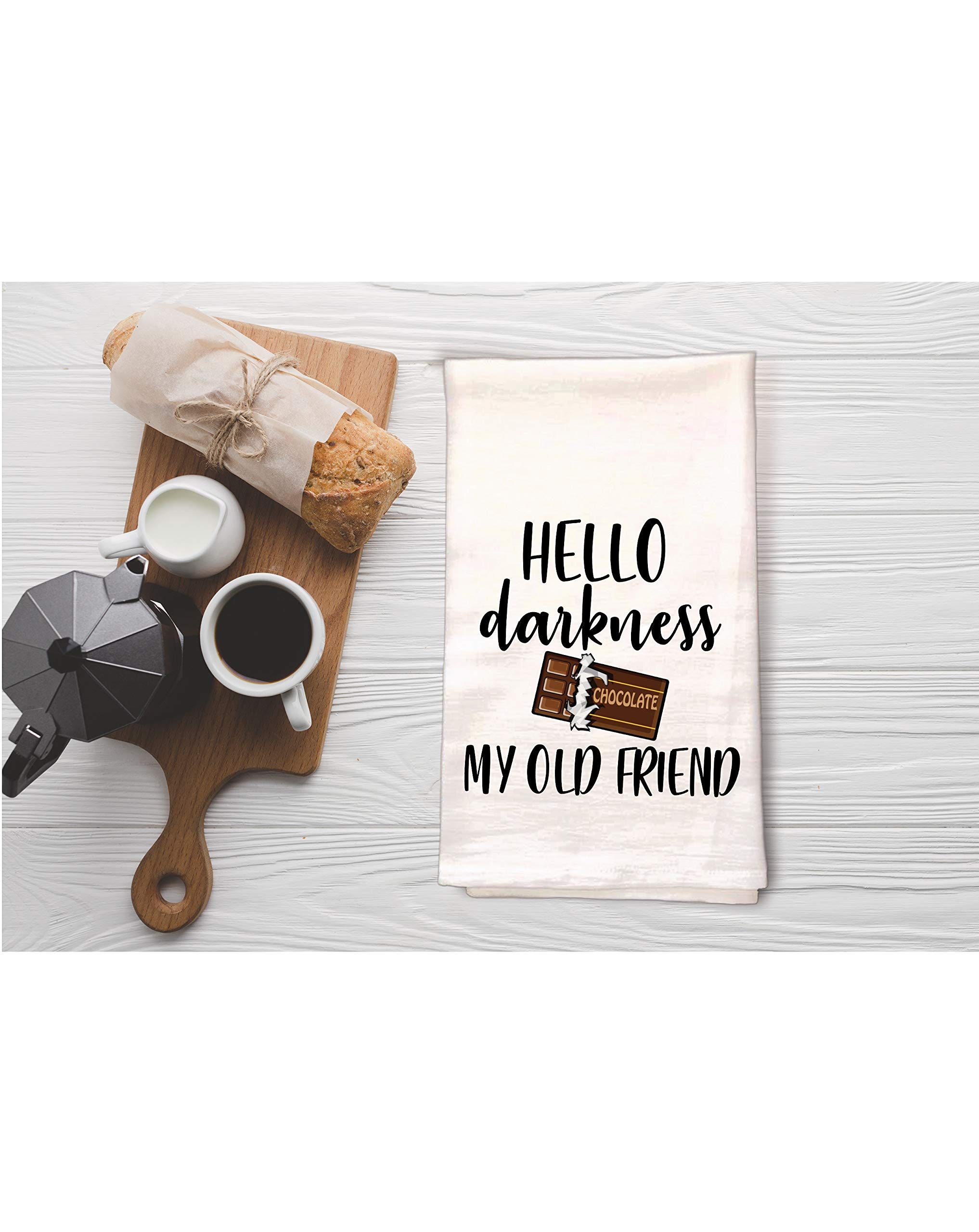 Hello Darkness My Old Friend - Dish Towel Kitchen Tea Towel Funny Saying Humorous Flour Sack Towels Great Housewarming Gift 28 inch by 28 inch, 100% Cotton, Multi-Purpose Towel
