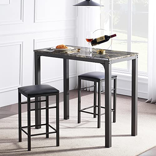 VECELO 3 Piece Dining Table Set with Cushion Stools Counter Height Pub Tabletop for Kitchen Dinette Breakfast Nook Bistro, Small Place, Seating for Two, Retro Brown