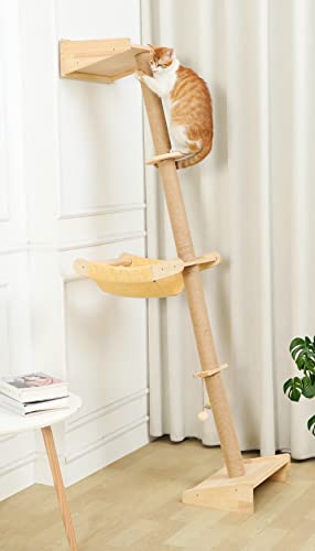 Wall Cat Tree with Hammock, 76" Tall Cat Wall Furniture Lean Against Wall Cats Climbing Tower for Active Indoor Climbers with Simply Suctions to Window