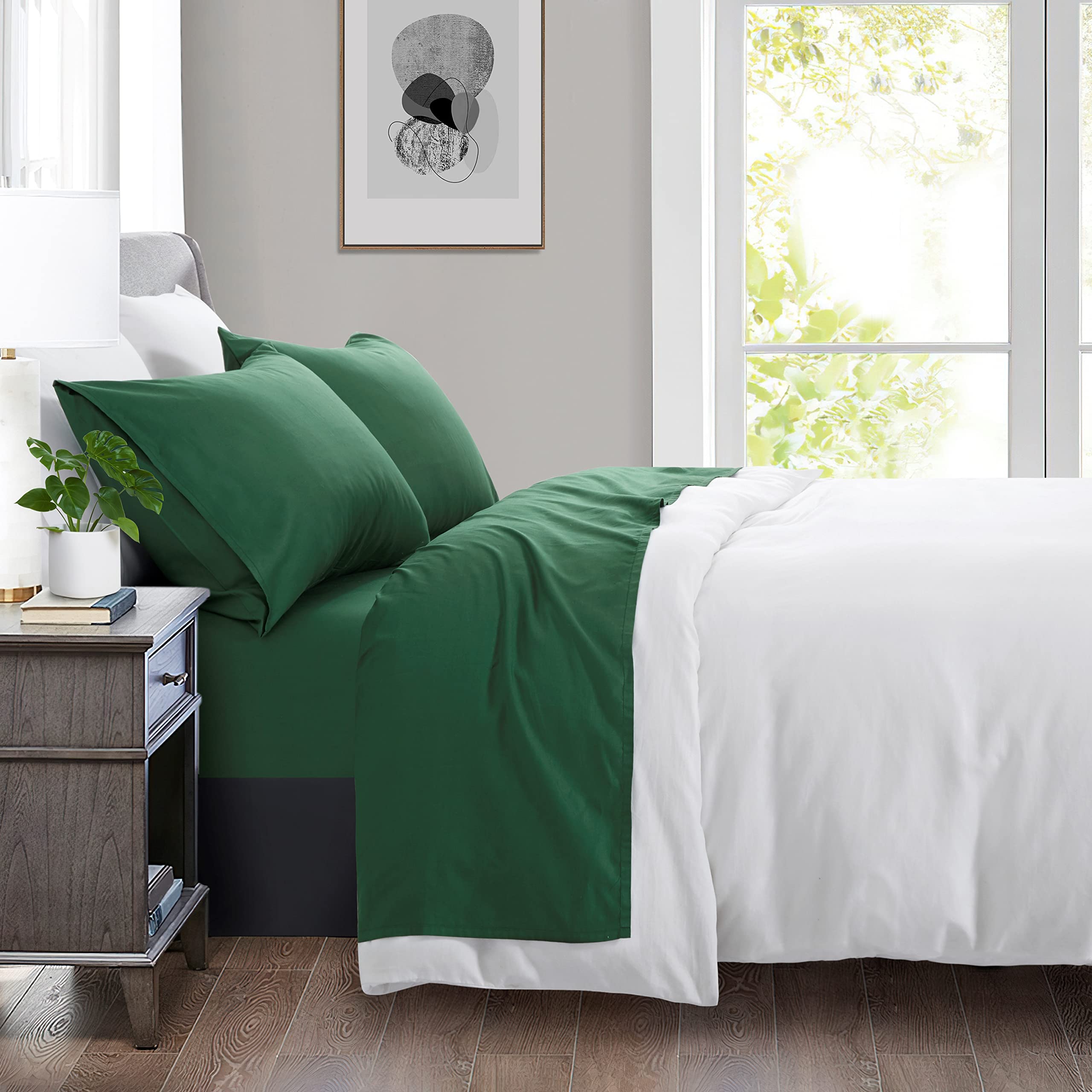 Entisn 4pcs 600 Thread Count 100% Cotton Sheets for Queen Size Bed, Dark Green Bedding Sheets & Pillowcases, Hotel Luxury Bed Sheet with Elasticized 16" Deep Pocket, Ultra-Soft & Silky Sateen Weave