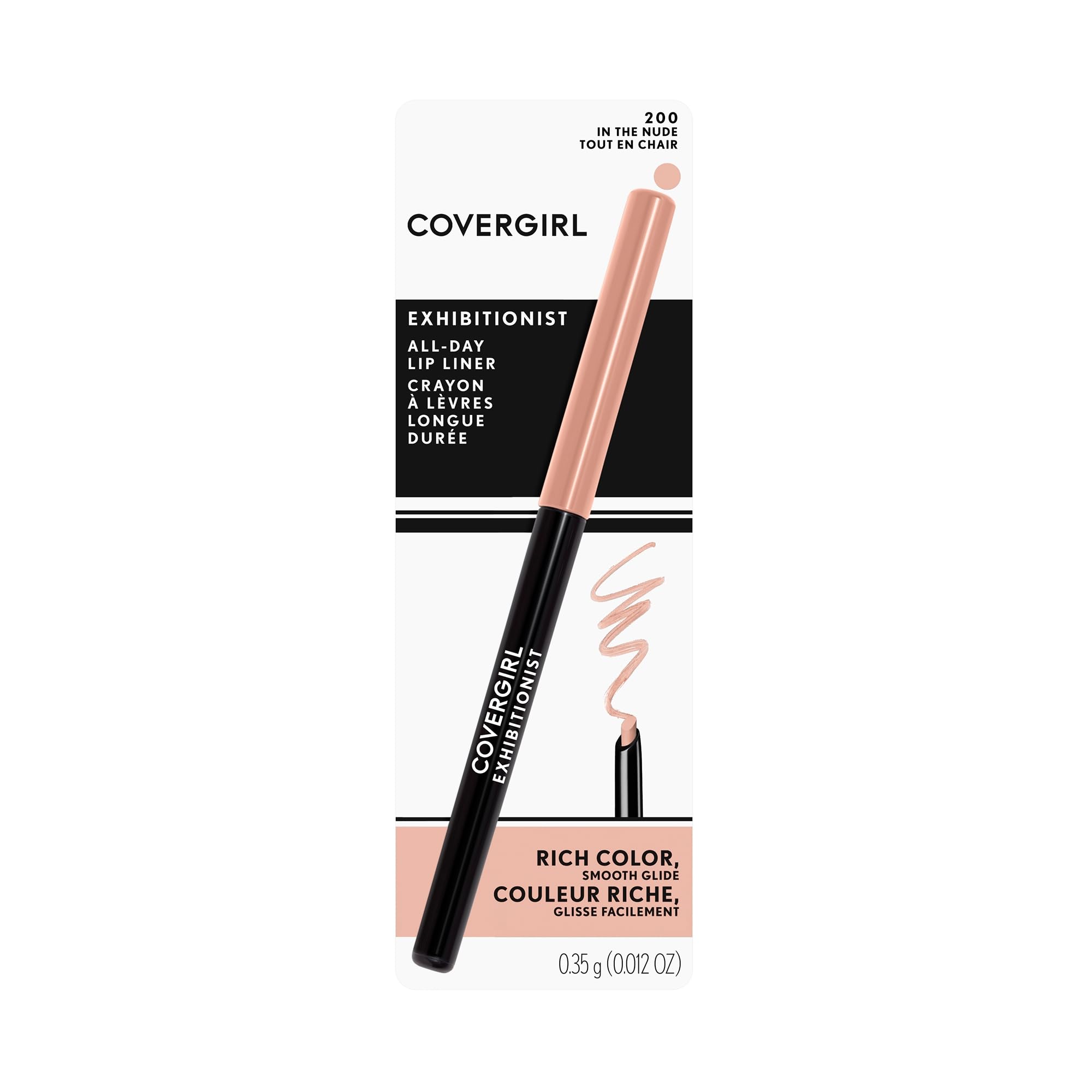 COVERGIRL Exhibitionist Lip Liner, Pencil, Creamy, In the Nude, 0.012 Fl Oz ,Lip Crayon, Makeup, Intense Pigmentation, Self-Sharpening Easy Application, Instant Definition