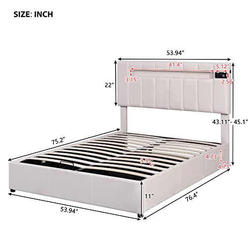 Harper & Bright Designs Upholstered Full Platform Bed with LED Headboard, Bluetooth Player and USB Charging, Velvet Fabric Full Size Bed with Lift Up Storage, No Box Spring Needed (Beige)