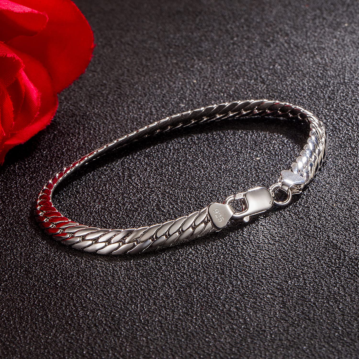 Dankadi Men Italian Solid 925 Sterling Silver Herringbone Bracelet 6MM flat Snake Chain 6.5 "7" 7.5 "8" 8.5 "9" Women Bangle Fine Jewelry gift (Silver, 7.5 inches)