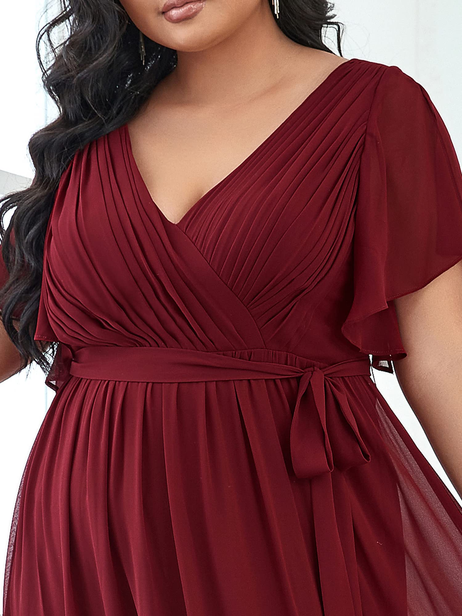 Ever-Pretty Plus Women's V-Neck A-Line Ruched Bust Ruffle Sleeves Plus Size Maxi Formal Evening Gown Burgundy US20