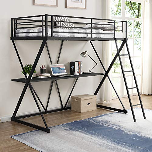 Twin Loft Bed with Desk, Loft Bed with Ladder and Full-Length Guardrails, X-Shaped Frame,Maximum Weight of 220 lb, Black(New)