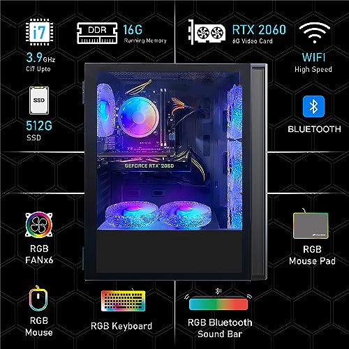 STGAubron Gaming Desktop PC Computer,Intel Core I7 3.4 GHz up to 3.9 GHz,GeForce RTX 2060 6G GDDR6,16G RAM,512G SSD,WiFi,BT 5.0,RGB Fanx6,RGB Keyboard&Mouse,RGB Mouse Pad,RGB BT Sound Bar,W10H64