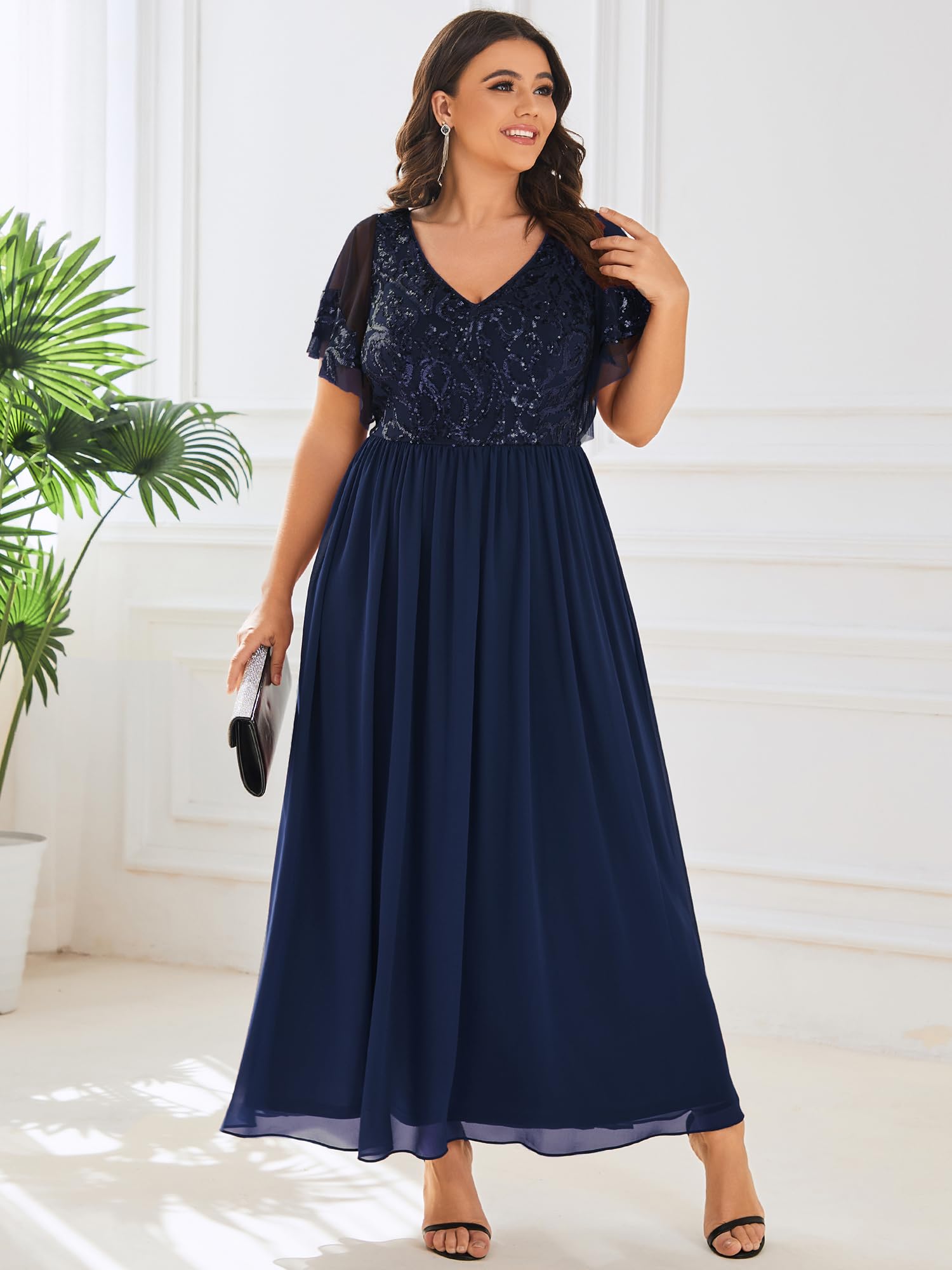 Ever-Pretty Plus Womens Plus Size Backless Ruffles Sleeves Sequin Appliques Maxi Chiffon Formal Evening Dress Navy Blue US26