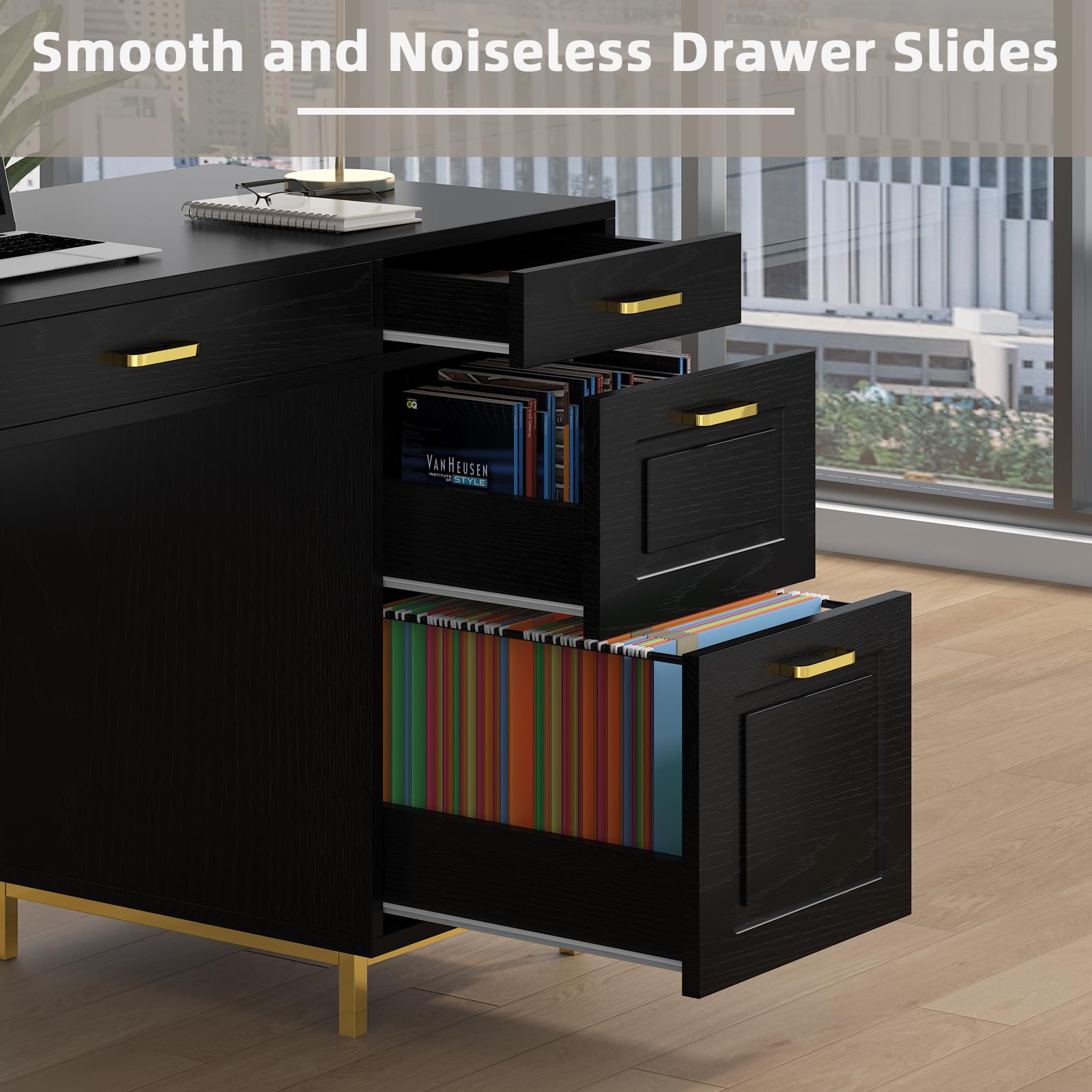 MaverickFurni Desk with 7 Drawers, 57 Inch Computer Desk with Storage, Desk with 2 File Drawers, Executive Desk for Home Office (Black and Gold)