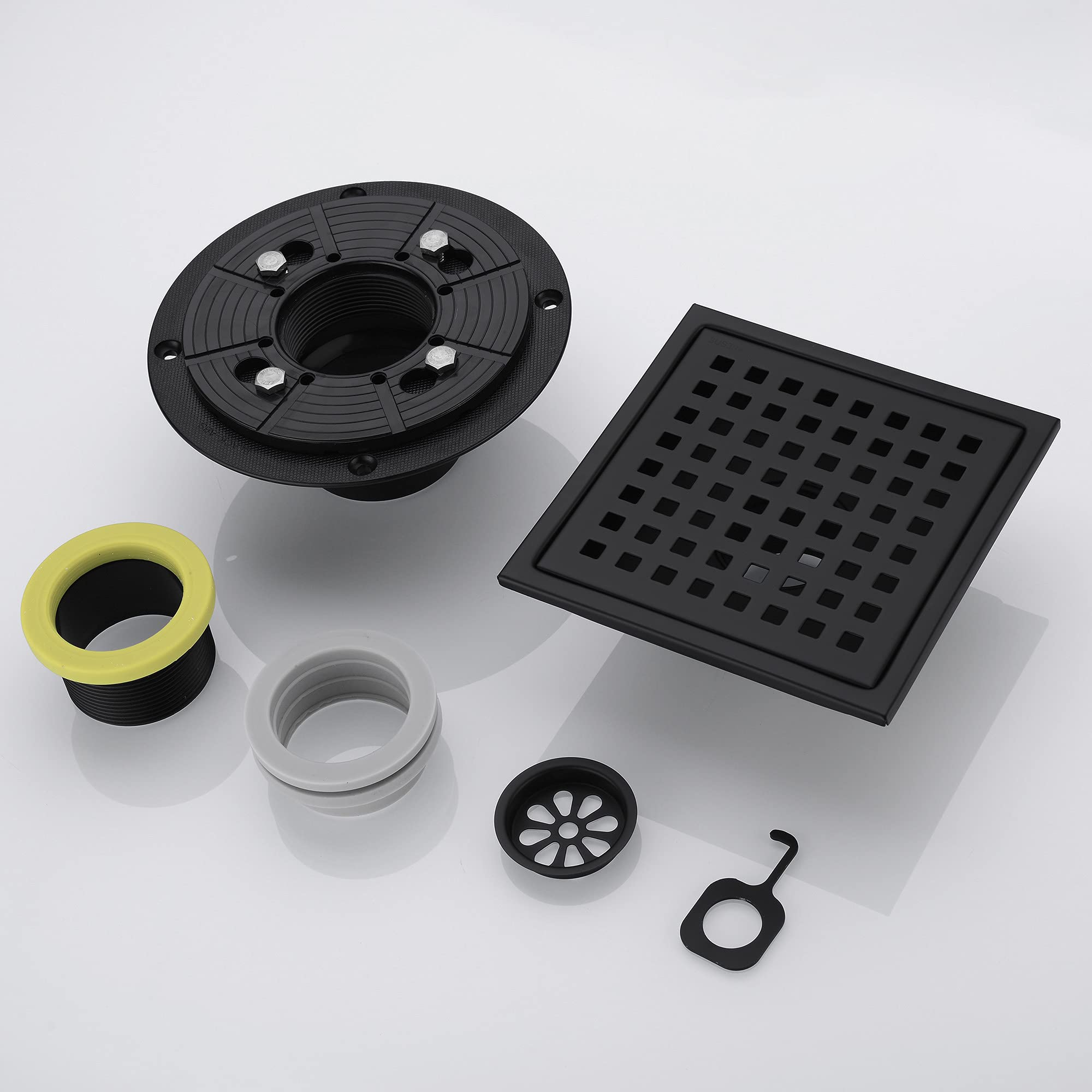 Orhemus 6 Inch Square Shower Drain with Adjustable Shower Drain Base Flange, SUS 304 Stainless Steel Floor Drain with Removable Cover Grid Grate, Matte Black