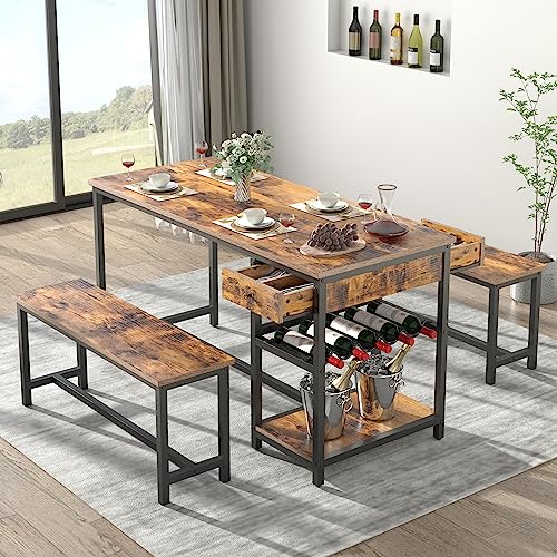 STIKELY Dining Table Set for 4-6 People, 3 Pieces Kitchen Dinner Table Set with 2 Drawers & Long Benches, Dining Room Table with Wine Rack & Glass Holder and Storage Shelf for Home Kitchen Use