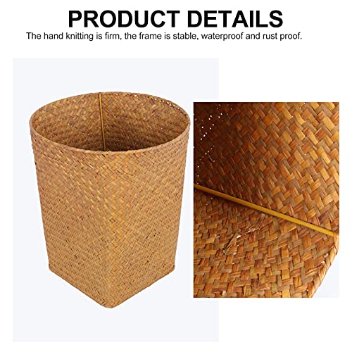 Healeved Straw Woven Wastebasket Wicker Trash Can Rattan Paper Storage Baskets Decorative Garbage Bin Rubbish Container Round Laundry Hamper Flower Vase Planter Holder Brown