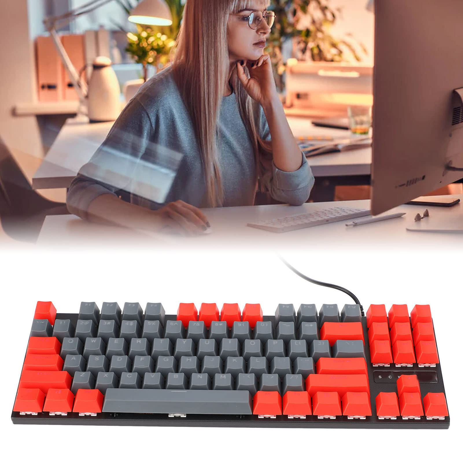 Mechanical Gaming Keyboard, Red Switch Mechanical Keyboard Red Switch USB Interface 87 Key Color Blocking 2 Color Injection Molding for Gaming (Gray and Red)
