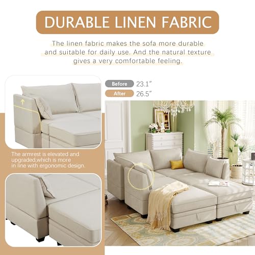 P PURLOVE Sectional Sofa, Large Modular Sectional Sofa, Convertible Couch with Reversible Chaise for Living Room with Plastic Legs (Beige)