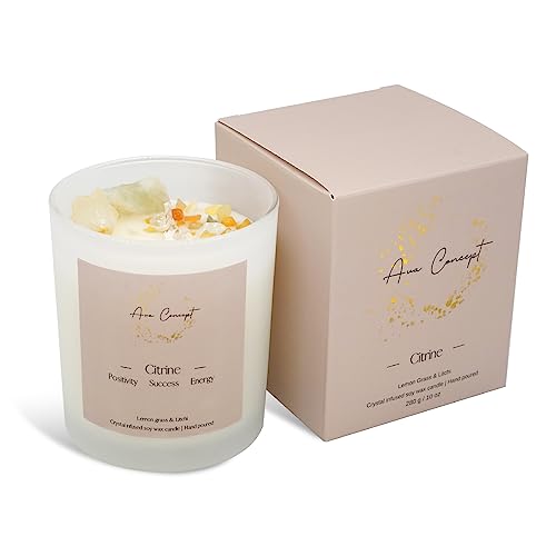 Healing Crystal Candle, Scented Candle Infused Citrin, Clear Quartz Crystals, Lemon Grass&Litchi Scented, Positivity, Energy, Cleansing Wellness, Gift for Women, Aromatherapy Clean Vegan 10Oz Jar