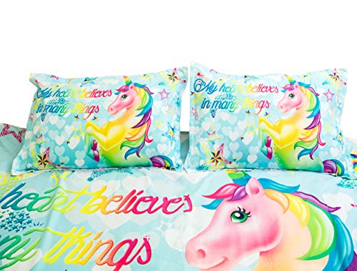 Suncloris,Rainbow Unicorn Fairytale with Sparkling Stars,Bedding Sheet Set .Included:Duvet Cover,Pillowcase(no Comforter Inside) (01, (Full))