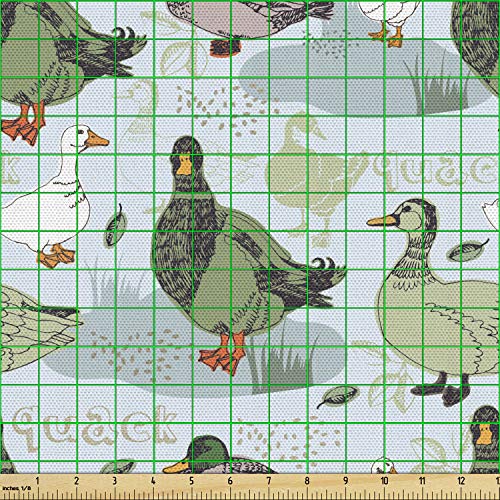 Lunarable Geese Fabric by The Yard, Ducks Fowl on The Farm with Greenery Leaves Etching Illustration Design Print, Decorative Fabric for Upholstery and Home Accents, 1 Yard, Olive Green
