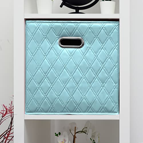 JIAessentials Medium 12-inch Blue Foldable Diamond Patterned Faux Leather Storage Cube Bins Set of Four with Handles with Dual Handles for living room, bedroom and office storage