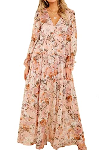 Women's Long Sleeve Floral Maxi Dress V Neck Casual Long Dresses Cocktail Beach Party Maxi Dress Pink
