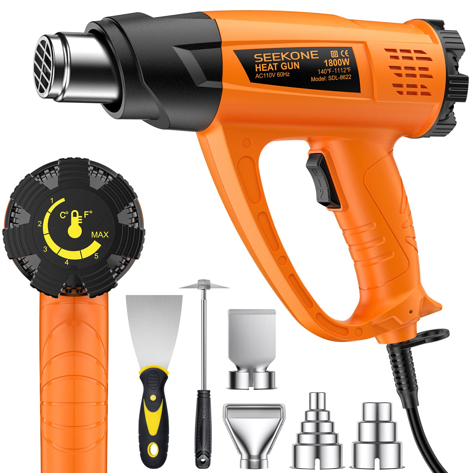 SEEKONE Heat Gun 1800W Heavy Duty Hot Air Gun Kit Variable Temp Control with 2-Temp Settings 7 Accessories 140℉-1112℉（60℃- 600℃）with Overheat Protection for Crafts, Shrinking PVC, Stripping Paint