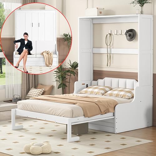 Murphy Bed Queen Murphy Bed with Cushion Under the Chair, Queen Size Murphy Bed Cabinet Bed, Wood Queen Wall Bed, Hidden Murphy Bed, Horizontal Murphy Bed for Guest Bedroom Apartment Studio Use, White
