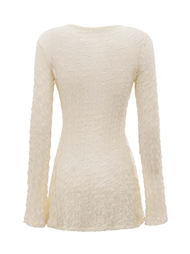 Verdusa Women's 90s Top Bell Long Sleeve Tie Front Textured Sheer T-Shirt Cardigan Beige M