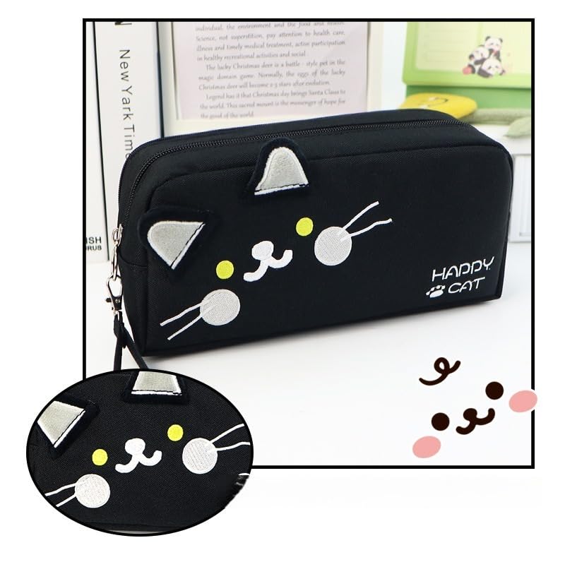 KGJGFX Doubel Layer Large Capacity Pencil Case with Embroidered Cats Grid Compartment of Pen Slots in Black & White Pen Holders Pen Pouch (Beige Cat with 3 Layers)
