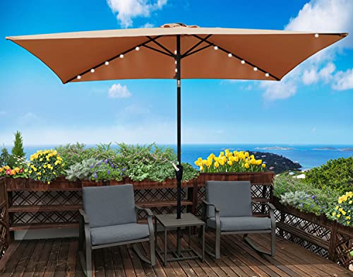 i-POOK 10 x 6.5 FT Rectangular Patio Umbrellas with 26 Solar LED Light, Market Table Waterproof Umbrellas Sunshade with Crank and Push Button Tilt Patio Hanging Umbrella for Garden Deck Pool, Brown