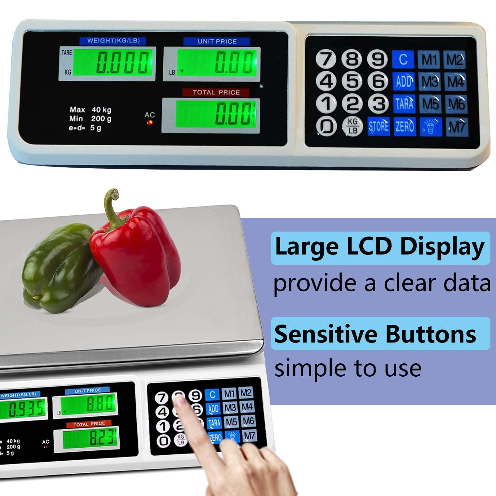 DEARCOOL Digital Commercial Price Scale, 88LB/40KG Electronic Price Computing Scale, Commercial Food Meat Fruit Weight Scale with LCD Display, Stainless Steel Platform