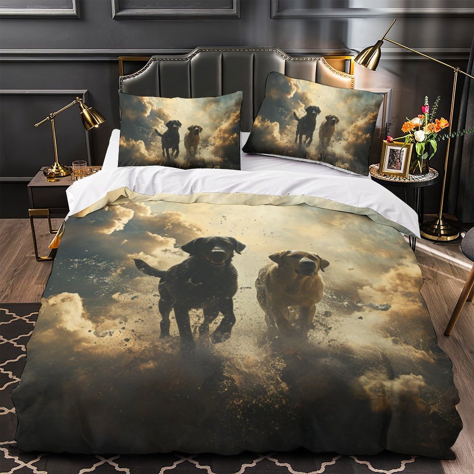 Labrador Retrievers through Clouds Bedding Set Quilt Cover 3D PrintedLabrador Retrievers through Clouds Duvet Cover Comforter Covers for Childrens And Adults 3 Pieces Microfiber with Pillowcases with