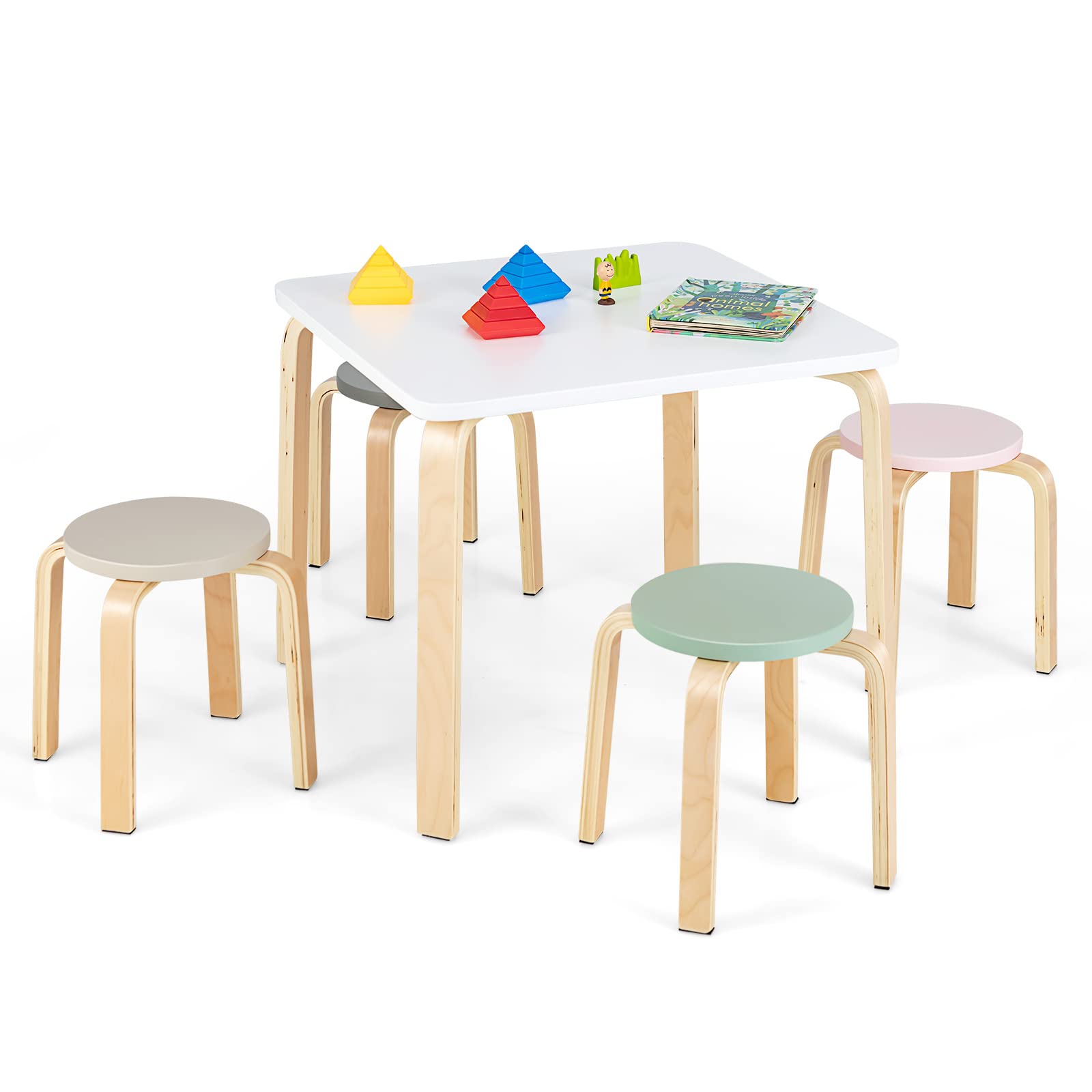 INFANS Kids Wooden Table and Stool Set, 5-Piece Activity Table with 4 Stools for Toddler Building Block Drawing Reading Art Crafts, Children Natural Furniture Set for Kindergarten Classroom