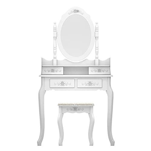 IRDFWH Dressing Table Concise 4-Drawer 360-Degree Rotation Removable Dresser White with Dressing Table Stool