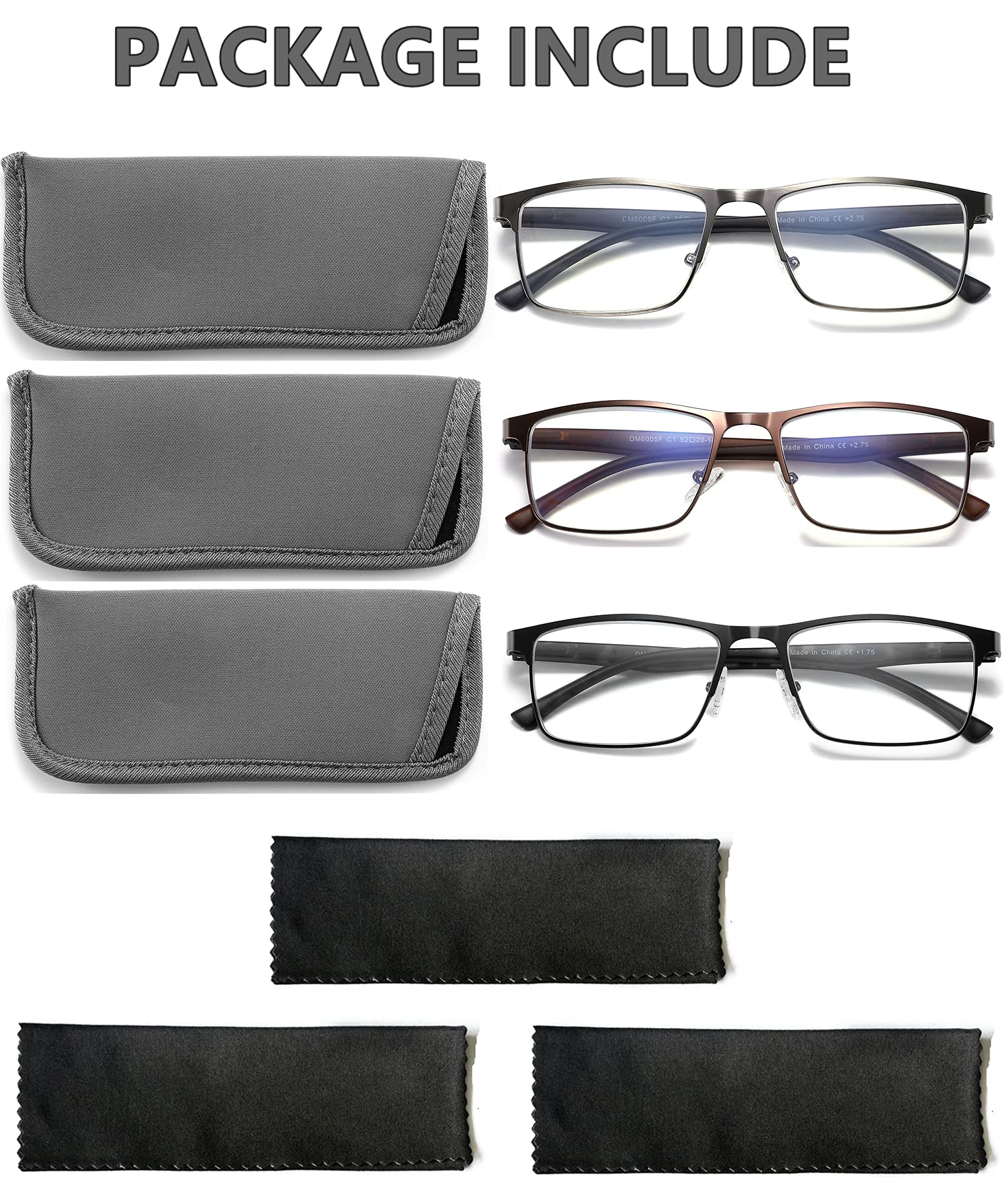 CRGATV 3-Pack Reading Glasses for Men Blue Light Filtering Full Frame Metal Readers Anti Uv/Eye Strain/Glare (+1.75 Magnification Strength)