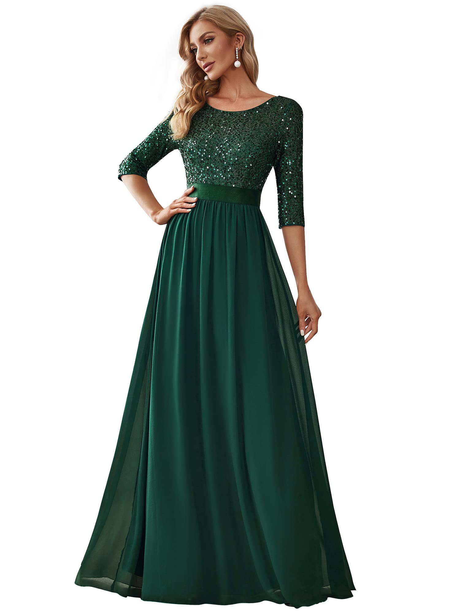 Ever-Pretty Women's Elegant A Line Crew Neck Half Sleeve Sequin Maxi Evening Dress Dark Green US14