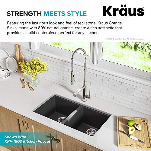 Kraus KGU-434B Undermount 50/50 Double Bowl Granite Kitchen Sink, 32.5-Inch, Black
