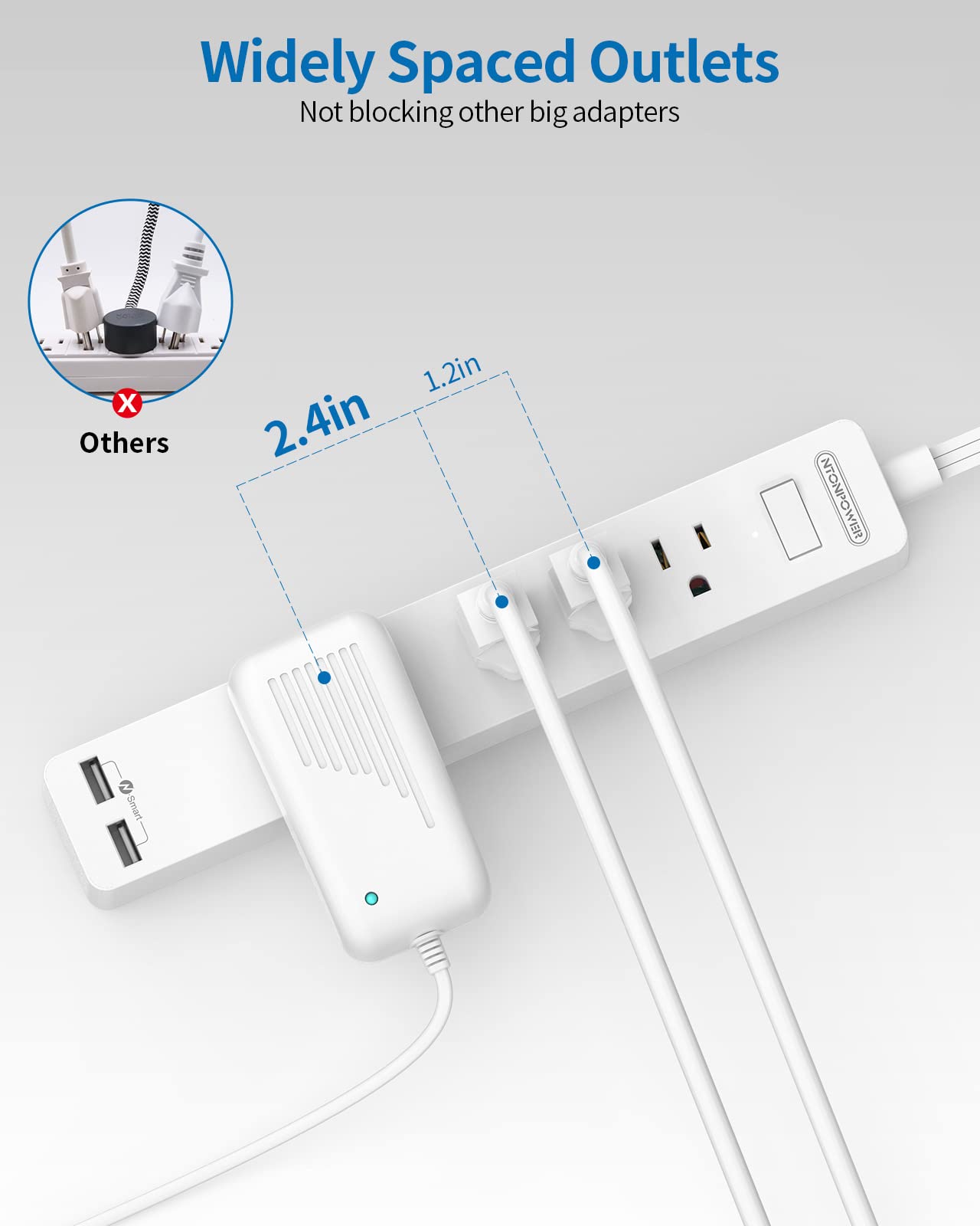 Flat Extension Cord 15 ft, NTONPOWER Ultra Thin Flat Extension Cord Under Carpet, Rug, Door, Wall Mount Power Strip Flat Plug with 4 Outlets 2 USB, Overload Protection for Home Office Indoor, White