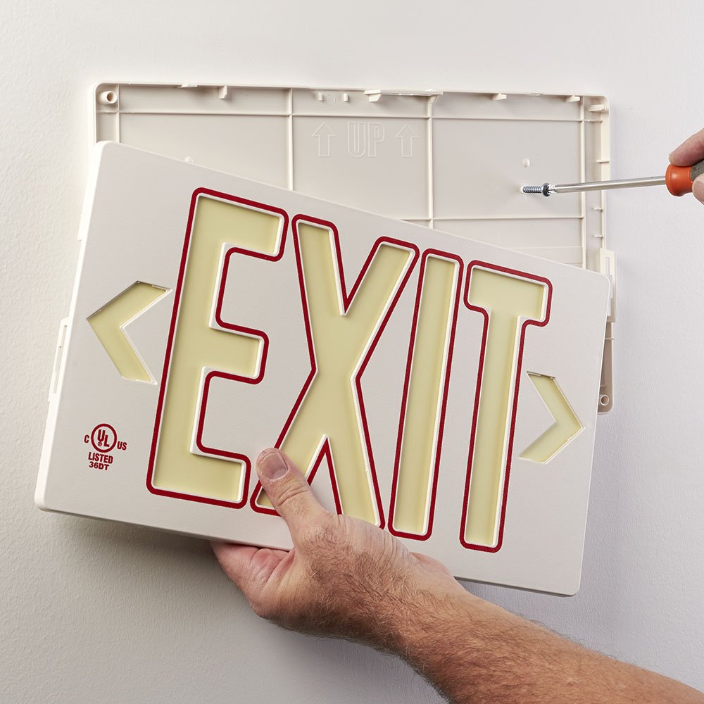 UL Listed 50 foot Jessup Glo Brite 7130-B Exit Sign, Single Sided with Frame, White with Red Outline, 8.75-Inch x 15.5-Inch (Mounts 4 ways, includes bracket and arrows)