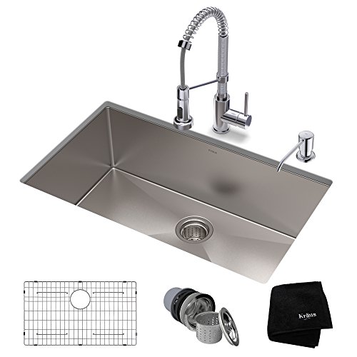 Kraus KHU100-30-1610-53CH Set with Standart PRO Stainless Steel Sink and Bolden Commercial Pull Faucet in Chrome Kitchen Sink & Faucet Combo, 30 Inch