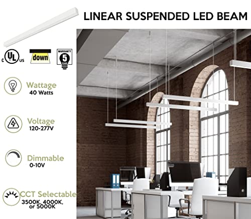 WareLight 4' Linear Suspended LED Beam, 40W, CCT Selectable, 0-10V Dimmable, 120-277V, Transparent Frosted Housing, Power Feed Cable Included
