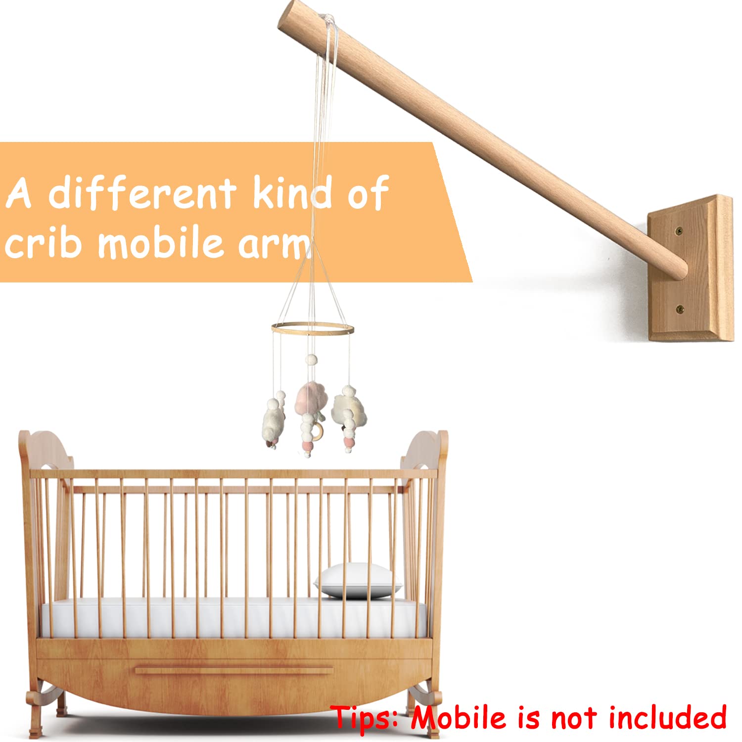 Crib Mobile Wooden Arm, Wall Mounted Suitable for All Cribs 100% Natural Larch Hanger Nusery Decor Baby Room Safe Holder(Mobile is not Included )